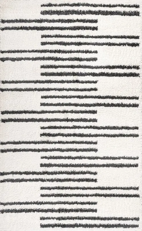 JONATHAN Y Petra Stripe Geometric Shag Area Rug - White/gray