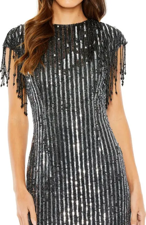 Mac Duggal High Neck Embellished Fringe Gown