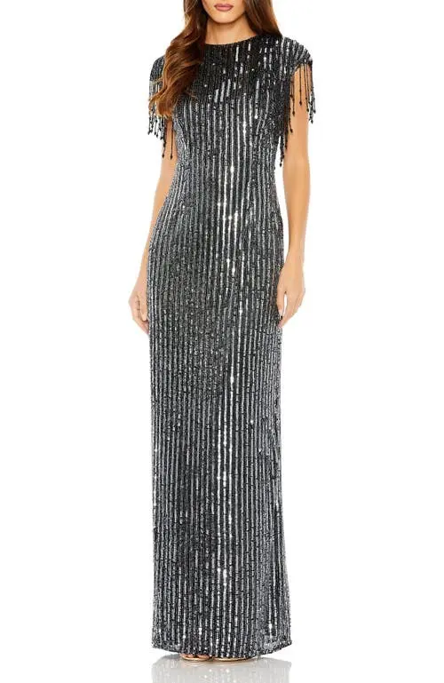 Mac Duggal High Neck Embellished Fringe Gown - Black