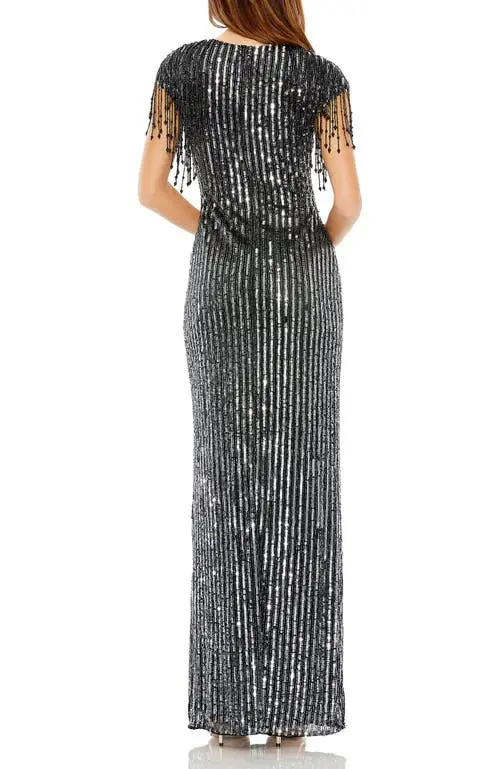 Mac Duggal High Neck Embellished Fringe Gown