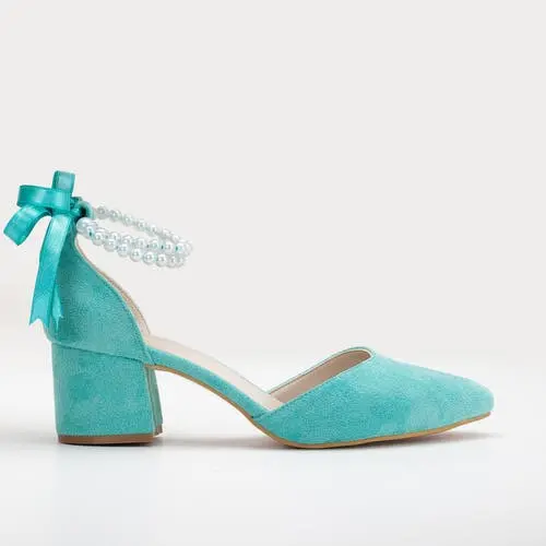 FOREVER & ALWAYS SHOES Miranda Low Block Heels With Pearl Ankle Strap - Aqua Blue
