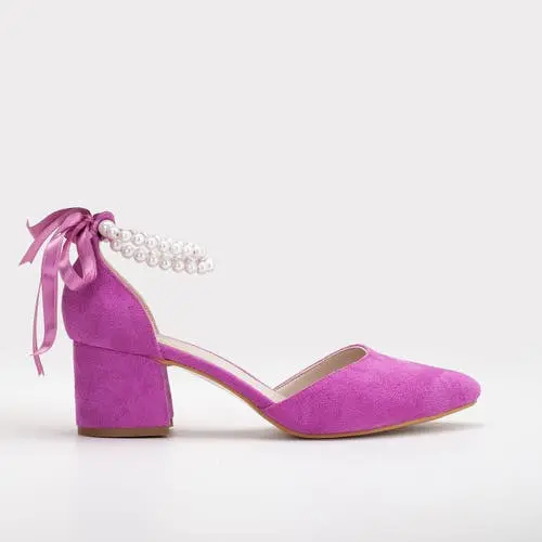 FOREVER & ALWAYS SHOES Miranda Low Block Heels With Pearl Ankle Strap - Fuchsia