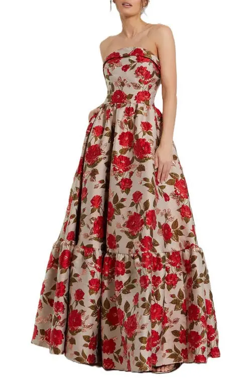 Mac Duggal Brocade Strapless Floral Gown With Ruffle Hem - White Multi