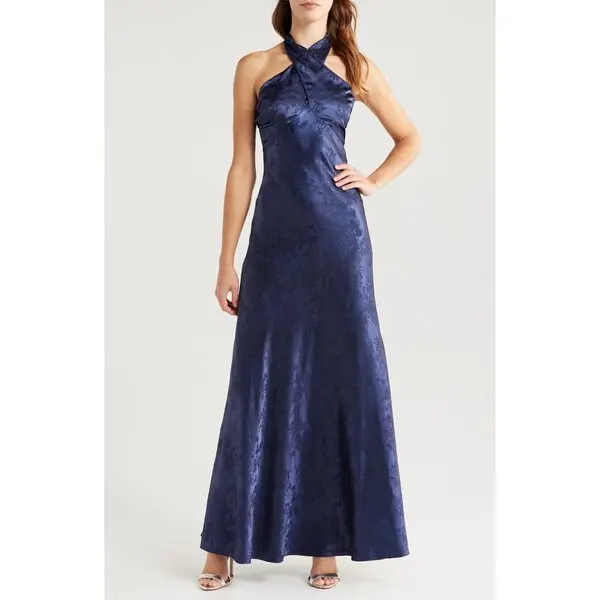 Lulus Floral Jacquard Satin Halter Gown In Navy - 81% Off | Editorialist