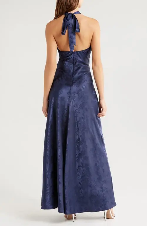 Lulus Floral Jacquard Satin Halter Gown In Navy - 81% Off | Editorialist