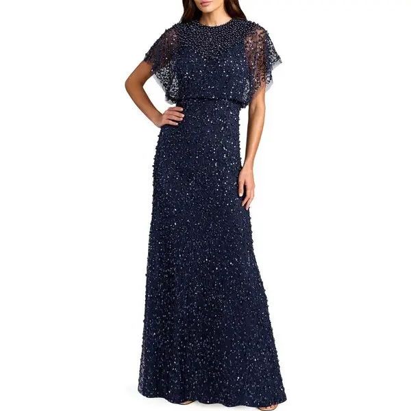 Mac Duggal Beaded Mesh Gown With Shawl - Midnight