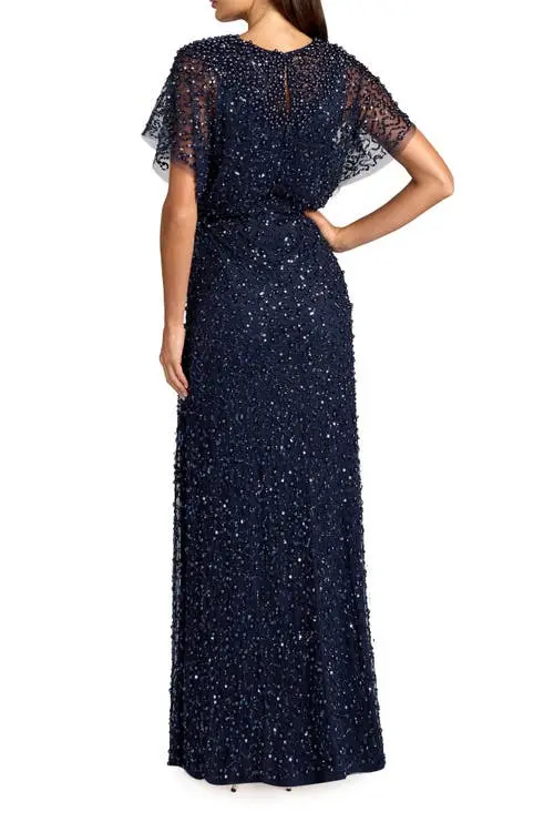 Mac Duggal Beaded Mesh Gown With Shawl - Midnight