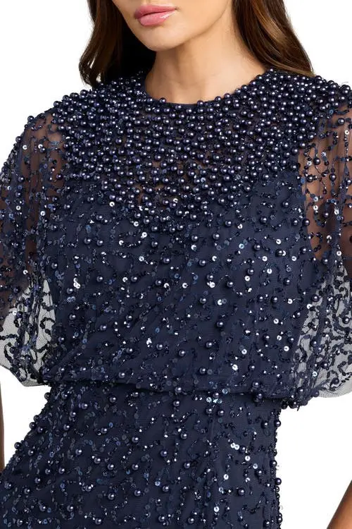 Mac Duggal Beaded Mesh Gown With Shawl - Midnight