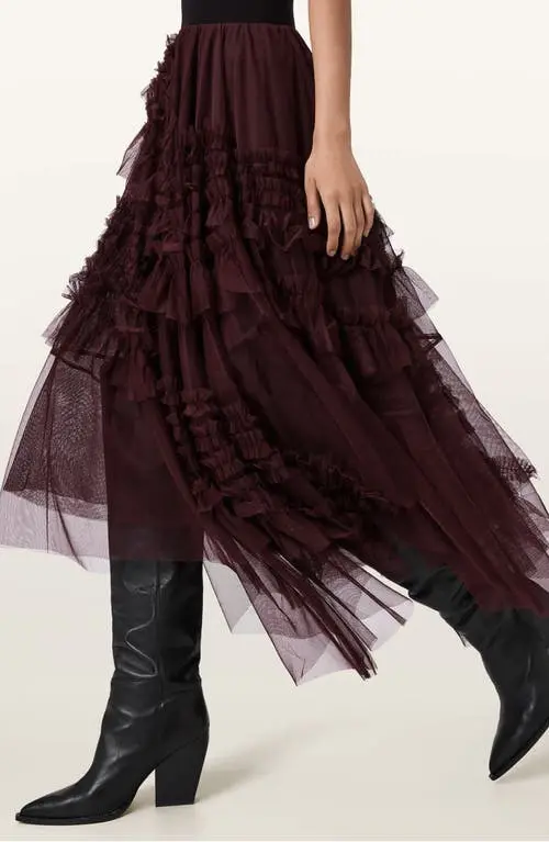 ALLSAINTS Jen Asymmetric Hem Tulle Skirt - Oxblood Red
