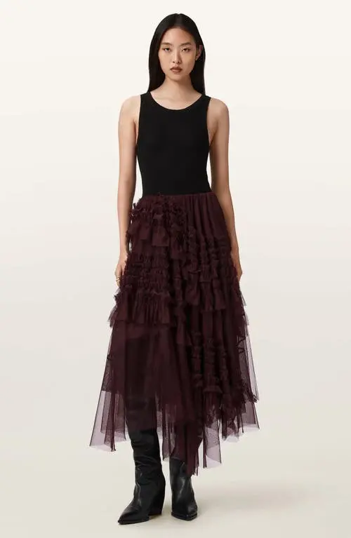 ALLSAINTS Jen Asymmetric Hem Tulle Skirt - Oxblood Red
