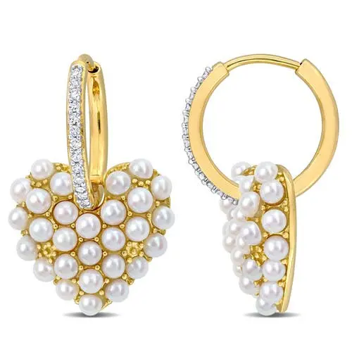 JULIANNA B. 14k Pearl And Diamond Heart Hoop Earrings - Yellow Gold