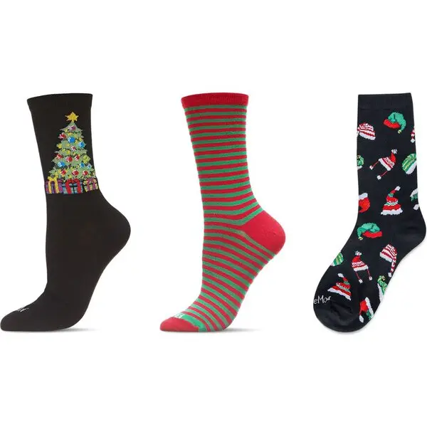 MEMOI Christmas Assorted 3-pack Crew Socks - Black-red