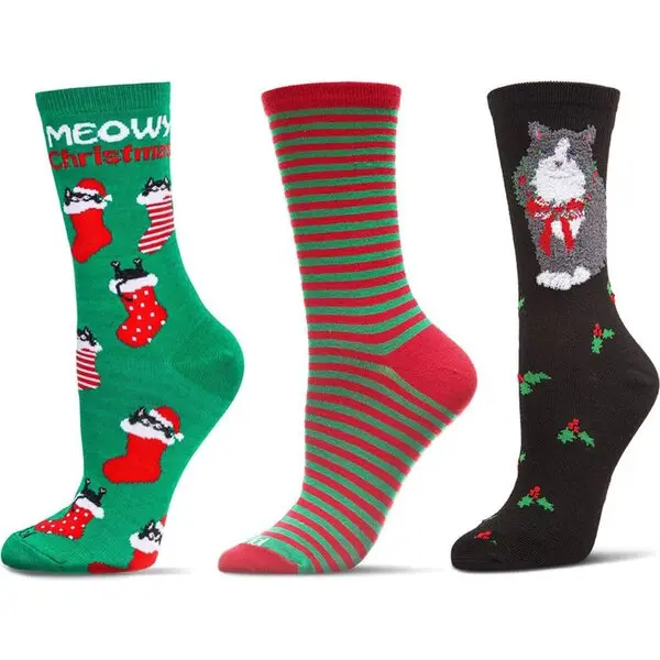 MEMOI Christmas Assorted 3-pack Crew Socks - Gray-black