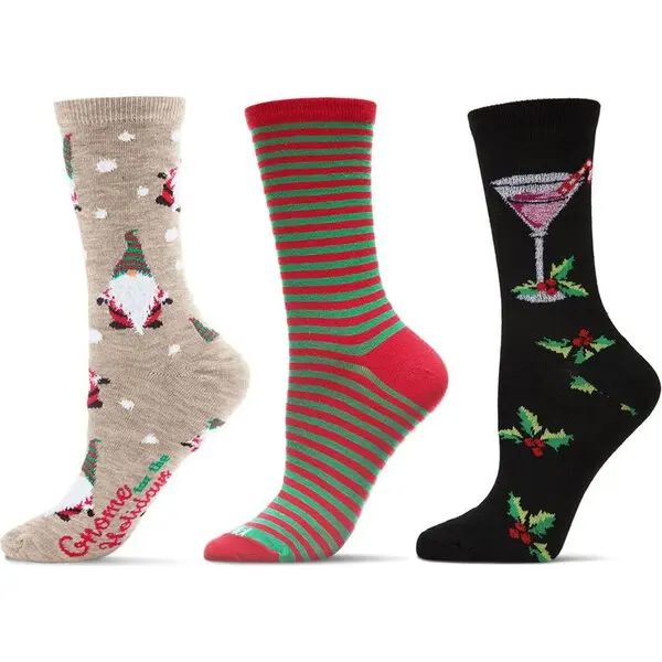 MEMOI Christmas Assorted 3-pack Crew Socks - Oatmeal