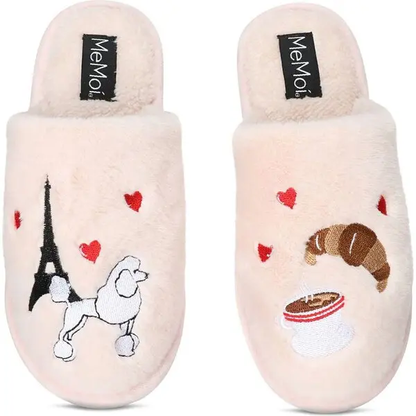 MEMOI I Love Paris Faux Fur Slippers - Pale Blush