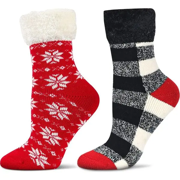 MEMOI Assorted 2-pack Faux Fur Trim Crew Socks - Black-red