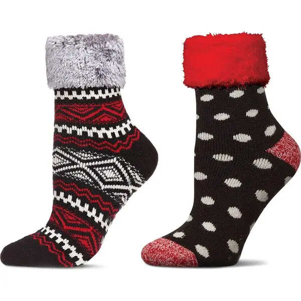 MEMOI Assorted 2-pack Faux Fur Trim Crew Socks - Black/black