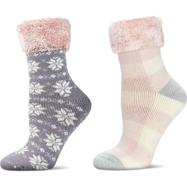 MEMOI Assorted 2-pack Faux Fur Trim Crew Socks - Pink