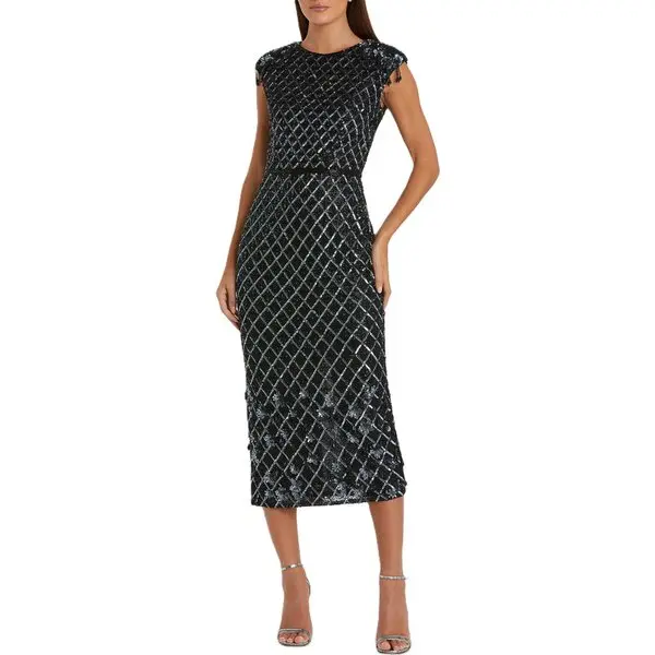 Mac Duggal Fringe Detailed High Neck Cap Sleeve Midi Dress - Black
