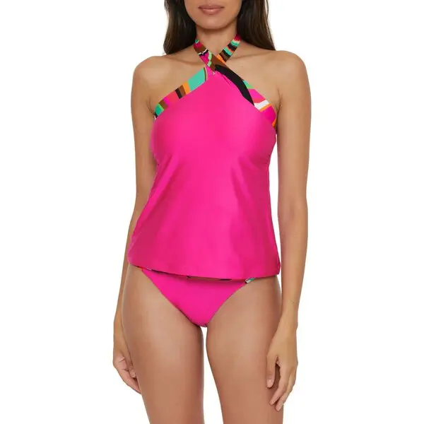 Trina Turk Swoop Reversible Halter Tankini Top - Pink Multi