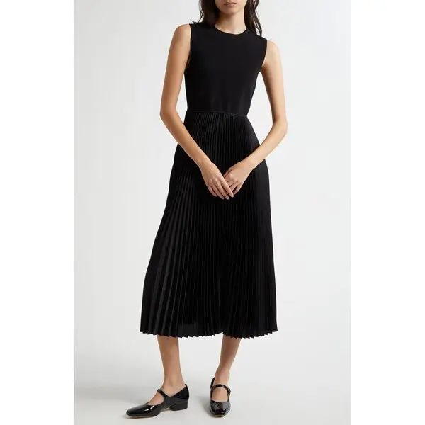 Theory Sleeveless Pleated Midi Dress Black Editorialist