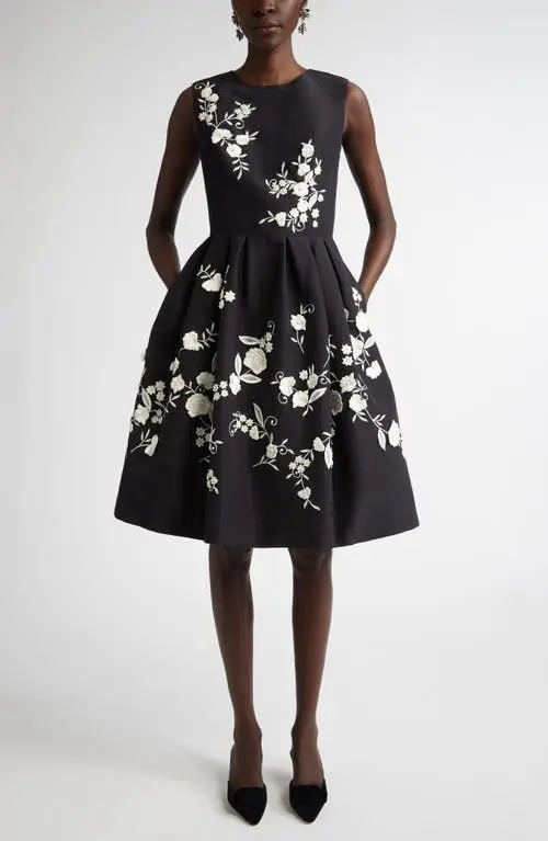 Carolina Herrera Floral Embroidered Silk Faille Fit & Flare Dress In  Black/White - 55% Off