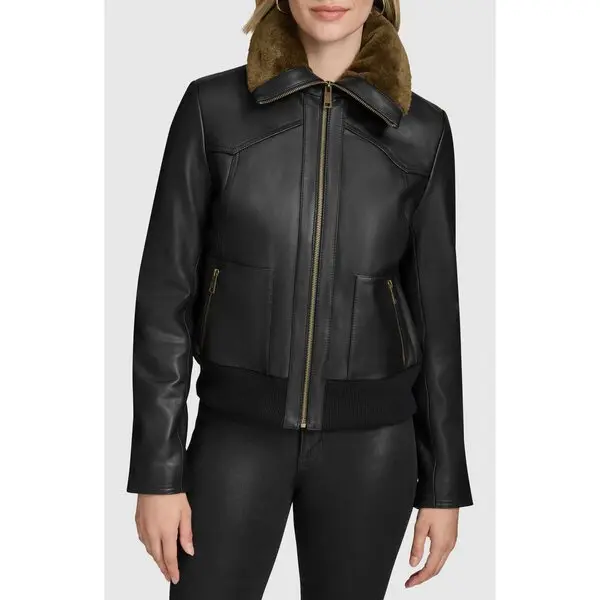 Andrew Marc Evie Leather Jacket With Faux Fur Collar