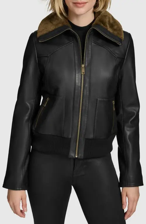 Andrew Marc Evie Lambskin Aviator Jacket With Faux Fur Collar