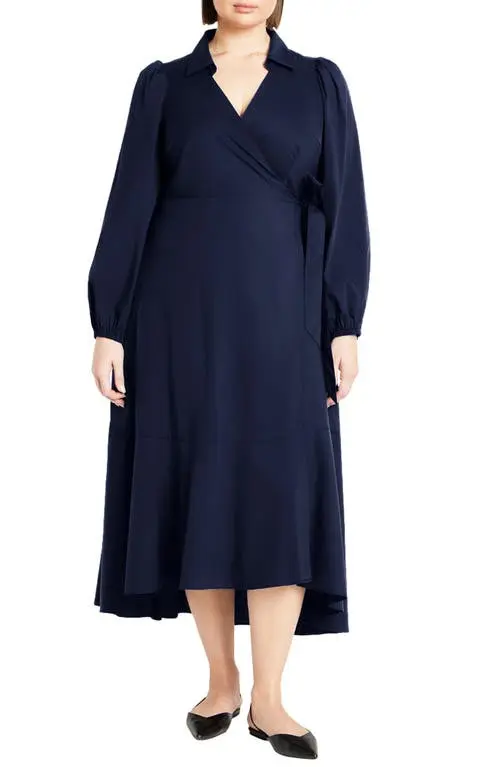 city chic long sleeve dress City Chic Selena Long Sleeve Wrap Dress In Navy - 50% Off