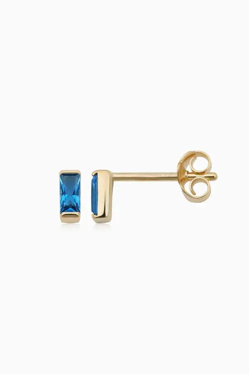 ORADINA 14k Gold Fresco Baguette Micro Stud Earrings - Yellow Gold - Blue Zirconia