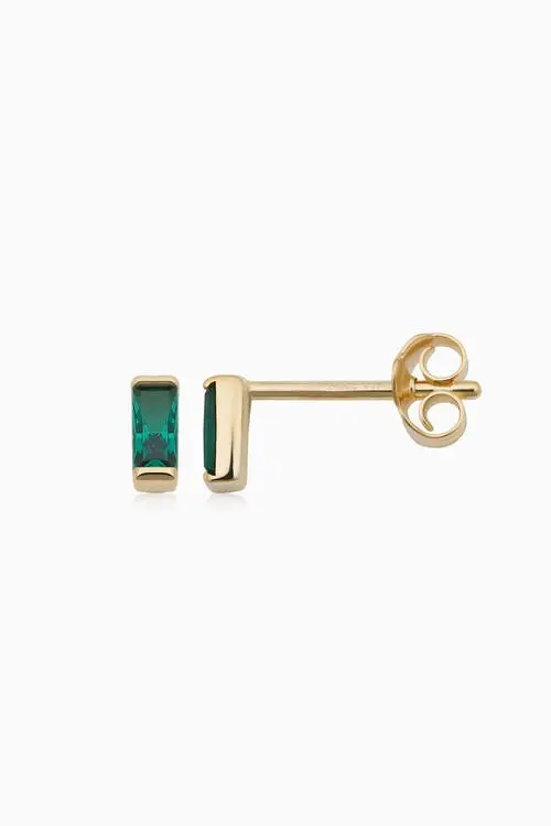 ORADINA 14k Gold Fresco Baguette Micro Stud Earrings - Yellow Gold - Green Zirconia