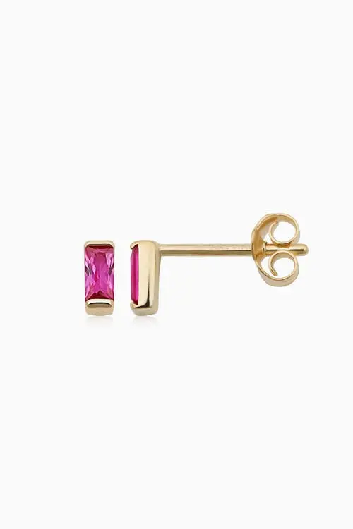 ORADINA 14k Gold Fresco Baguette Micro Stud Earrings - Yellow Gold - Ruby Zirconia