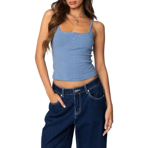 EDIKTED Stripe Henley Camisole - Blue
