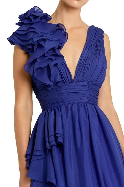 Mac Duggal Ruffle Shoulder V-neck Gown - Cobalt