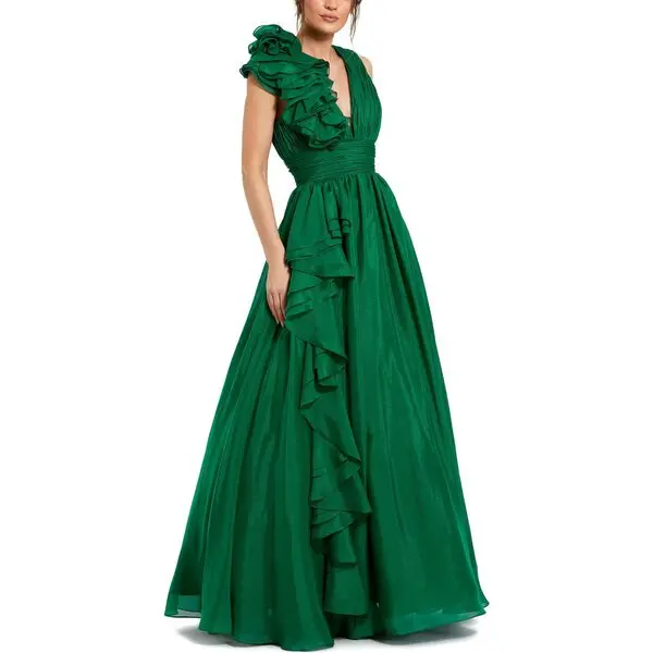 Mac Duggal Ruffle Shoulder V-neck Gown - Emerald