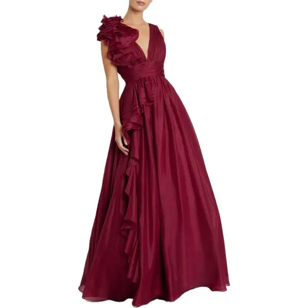 Mac Duggal Ruffle Shoulder V-neck Gown - Wine