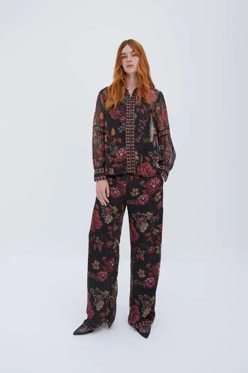 RAISHMA Floral Print Sheer Chiffon Button-down Shirt With High Neck And Puffed Sleeves
