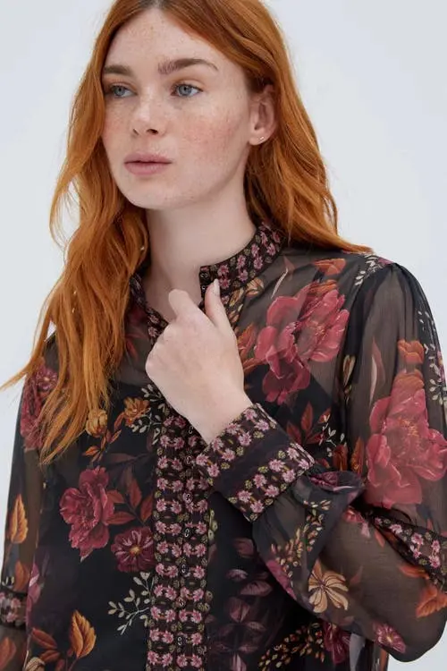 RAISHMA Floral Print Sheer Chiffon Button-down Shirt With High Neck And Puffed Sleeves