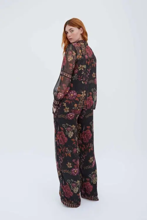 RAISHMA Floral Print Sheer Chiffon Button-down Shirt With High Neck And Puffed Sleeves