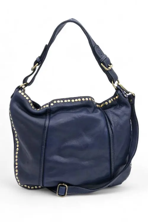 BOLSA NOVA Anna Hobo Bag With Distressed Leather And Studs - Navy