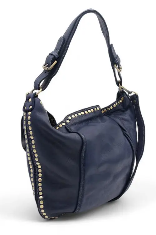 BOLSA NOVA Anna Hobo Bag With Distressed Leather And Studs - Navy