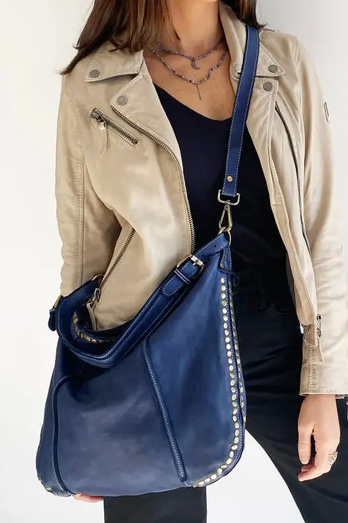 BOLSA NOVA Anna Hobo Bag With Distressed Leather And Studs - Navy