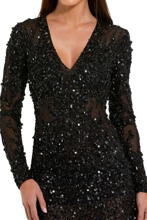 Mac Duggal Long Sleeve Sheer Embellished Mini Dress