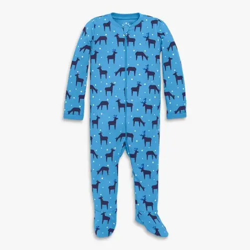 PRIMARY Baby Organic Zip Footie In Holiday Animal Friends - Cornflower Reindeer