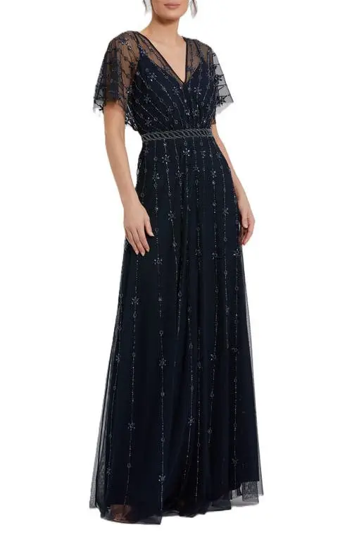 Mac Duggal V Neck Embellished Flutter Sleeve A Line Gown - Midnight