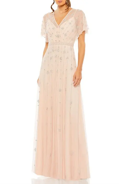 Mac Duggal V Neck Embellished Flutter Sleeve A Line Gown - Rose