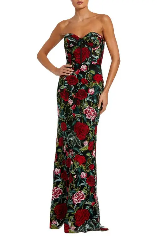 Mac Duggal Sheer Bustier Floral Applique Gown - Black Multi