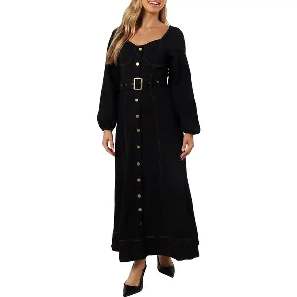 PETAL & PUP Mateo Long Sleeve Belted Denim Maxi Dress