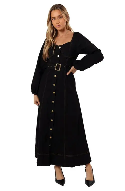 PETAL & PUP Mateo Long Sleeve Belted Denim Maxi Dress