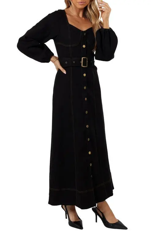 PETAL & PUP Mateo Long Sleeve Belted Denim Maxi Dress